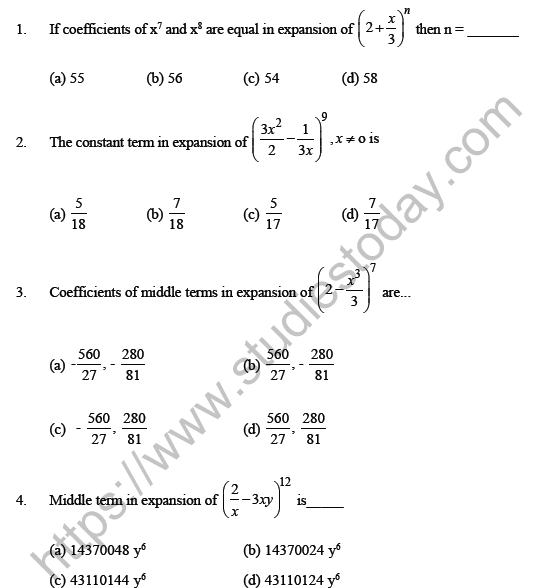 JEE Mathematics Binomial Theorem MCQs Set A with Answers